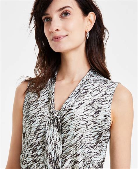 Kasper Womens Printed Tie Neck Sleeveless Blouse Macys