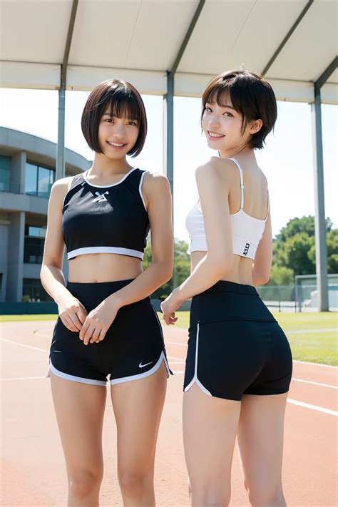 운동복을 입은 두 명의 아시아 여성이 테니스 코트에 서 있다 Seaart Ai