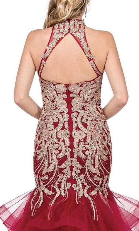 Dancing Queen 2447 Gold Applique Halter Tiered Mermaid Prom Dress