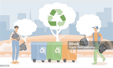 컨테이너 벡터 평면 그림에 쓰레기를 넣는 사람들 쓰레기 수거 선별 및 재활용을 연습하는 남성 깨끗한에 대한 스톡 벡터 아트 및