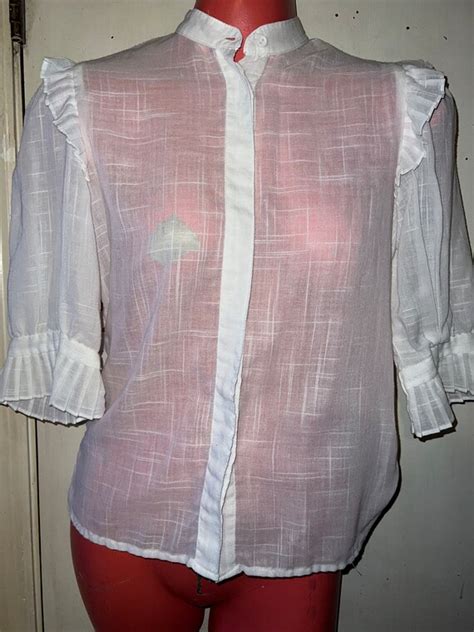 Vintage White Blouse 80s Sheer White With Ruffles S Gem