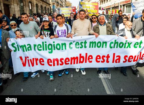 Paris France Muslim France Crowd Men Marching On Street Wih Protest