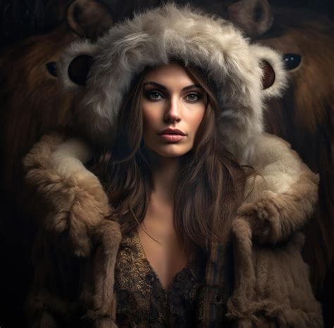 Premium Photo A Woman With A Fur Hat And Fur Hat Is Posing With A Lion