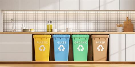 Home Kitchen Interior And Colorful Bins For Different Types Of Garbage