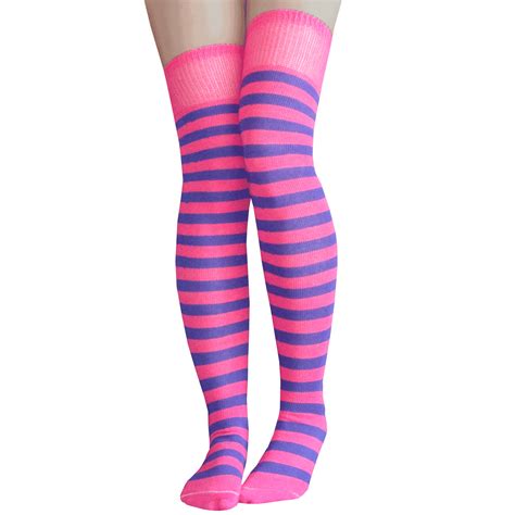 Neon Pink And Purple Striped Thigh Highs