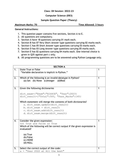 Cbse Class 12 Computer Science Sample Paper For Board Exam 2023 With