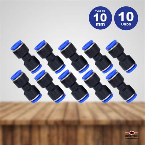 Kit 10 Unidades Conexão Pneumática Reta Emenda Tubo PU 10 mm União