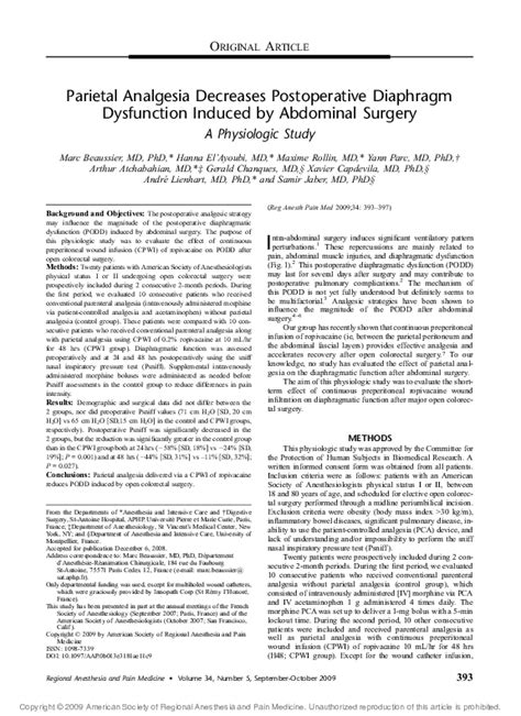 Pdf Parietal Analgesia Decreases Postoperative Diaphragm Dysfunction Induced By Abdominal Surgery