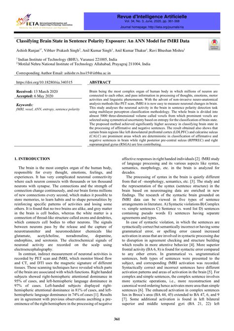 Pdf Classifying Brain State In Sentence Polarity Exposure An Ann Model For Fmri Data