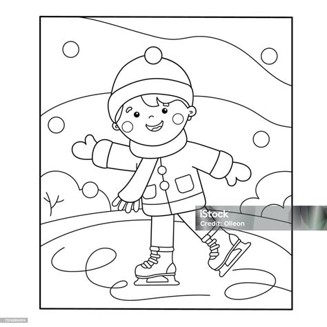 착 색 페이지 개요의 만화 소년 스케이트입니다 겨울 스포츠입니다 아이 들을 위한 색칠 하기 책 겨울에 대한 스톡 벡터 아트 및
