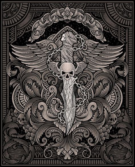 빈티지 조각 장식 그림 악마 칼 프리미엄 벡터