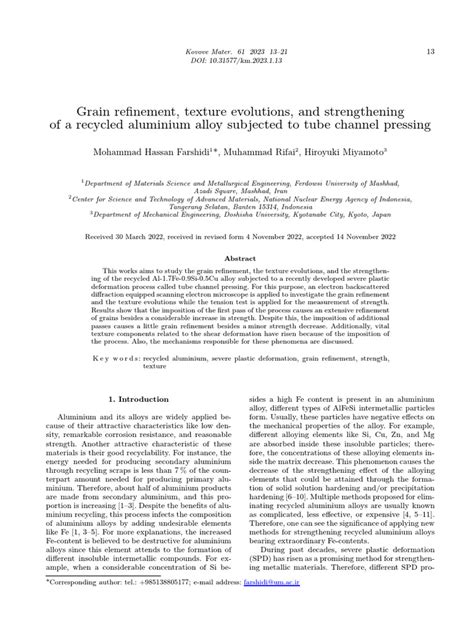 13 21 Grain Refinement Texture Evolutions And Strengthening Of A Recycled Aluminium Alloy