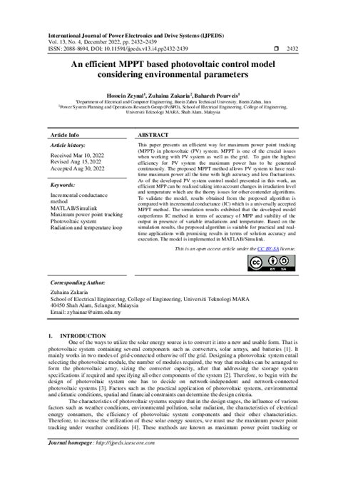 Pdf An Efficient Mppt Based Photovoltaic Control Model Considering