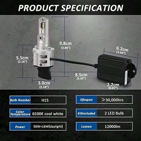 H15 LED Headlight Bulb 50W 16W Daylight Extra 10W Decoder 12000LM