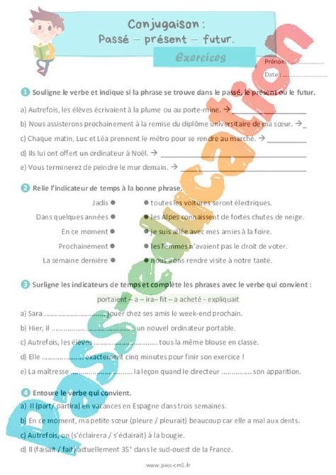 Pass Pr Sent Futur Exercices De Conjugaison Pour Le Cm Cycle Pdf Imprimer