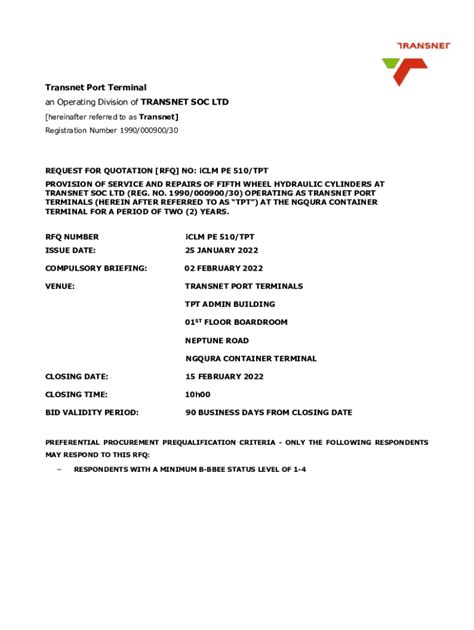 Fillable Online Transnet Request For Quotation No ICLM PE TPT Fax Email Print PdfFiller