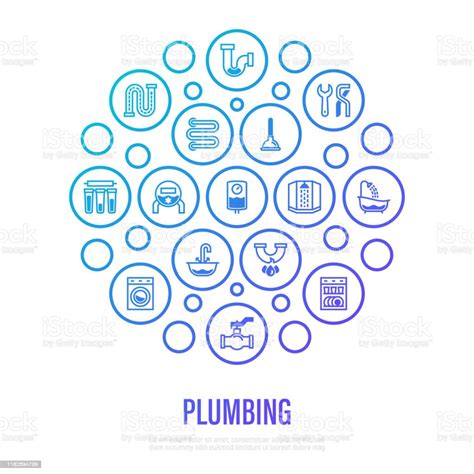 원 모양의 배관 개념입니다 얇은 라인 아이콘 물 미터 욕조 싱크대 물 필터 수도꼭지 세탁기 식기 세척기 사이펀 파이프 볼 밸브 벡터 일러스트레이션 우편물 템플릿 아이콘에