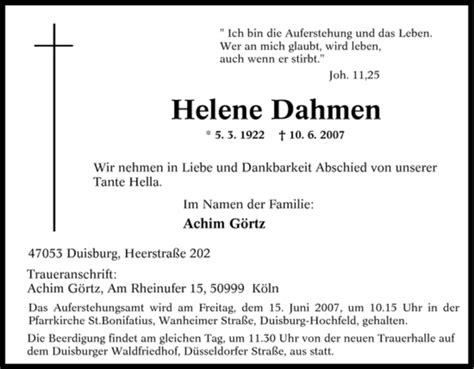 Traueranzeigen Von Helene Dahmen Trauer In NRW De