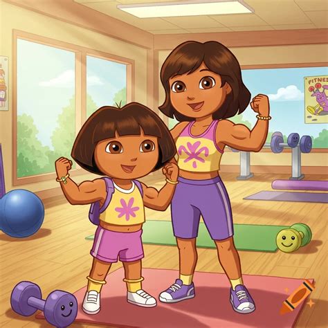 Dora The Explorer And Her Muscular Aunt Flexing With Dumbbells In A