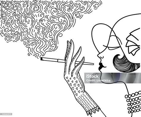 담배와 연기 장식과 복고풍 여성 스타일 흰색 배경에 고립 된 패션 모자 흡연 시가 손으로 그린 일러스트 레이 션을 가진 벡터 플래퍼 소녀 1920 1929 년에 대한 스톡