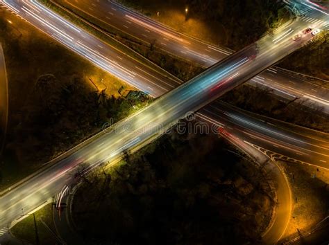 Aerial View Of An Exit Ramp Of A Highway At Night Stock Image Image