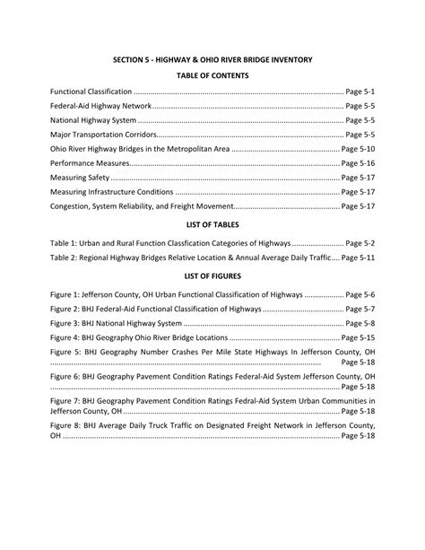 Section 5 Highway And Ohio River Bridge Inventory Table Of Contents