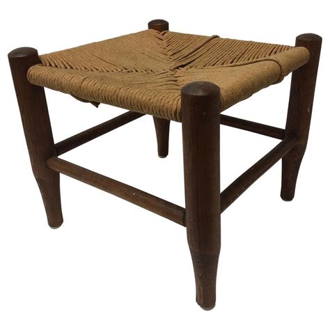 Vintage Rectangular Shaker Style Footstool With Seagrass Woven Seat For