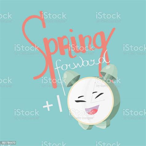 앞으로 일광 벡터 일러스트 레이 션을 봄 알람 시계 귀여운 마스코트와 텍스트 앞으로 봄 일광 절약 아이콘입니다 서머타임에 대한