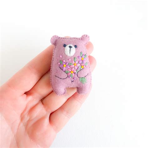 Miniature Teddy Bear Plushie Dusty Rose Embroidered Flowers Etsy