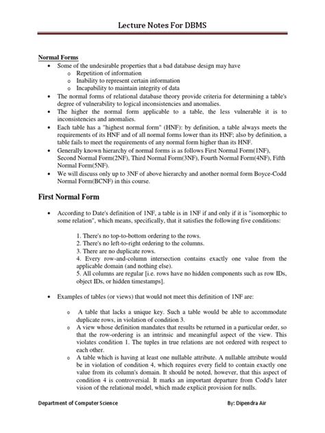 Lecture Notes For Dbms Normal Forms Pdf Relational Model Databases
