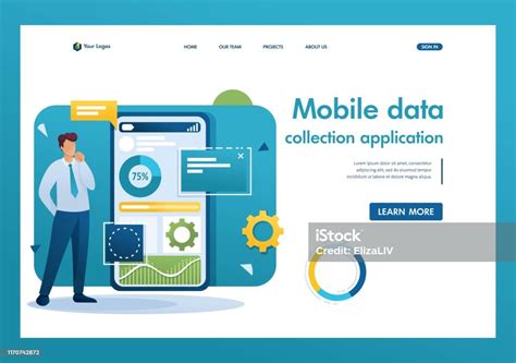 청년은 데이터 수집 및 분석을 위해 모바일 애플리케이션에서 작업합니다 플랫 2d 문자입니다 방문 페이지 개념 및 웹 디자인 개발에 대한 스톡 벡터 아트 및 기타 이미지