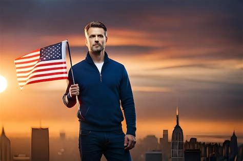 Premium Photo A Man Holding A Flag With The Skyline Behind Him