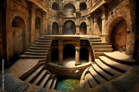 Ancient Cistern With Stone Stairs And Walkways For Water Storage In