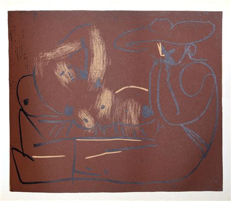 1980s Femme Couchee Et Homme Au Grand Chapeau 16 Linocuts After