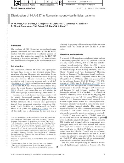 Pdf Distribution Of Hla B27 In Romanian Spondyloarthritides Patients