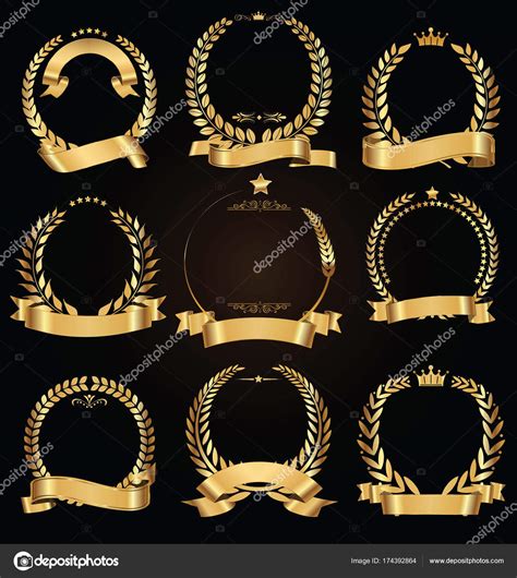 Golden Laurel Wreath With Golden Ribbon Vector Collection Stock Vector