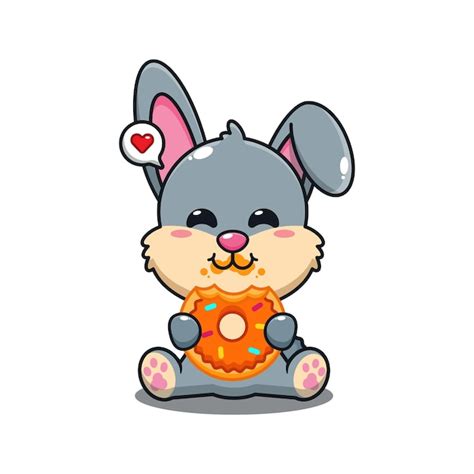Cute Rabbit Eating Donut Cartoon Vector Illustration Premium Vector