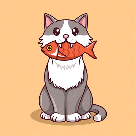 Lindo Gato Comiendo Pescado Dibujos Animados Vector Ilustración
