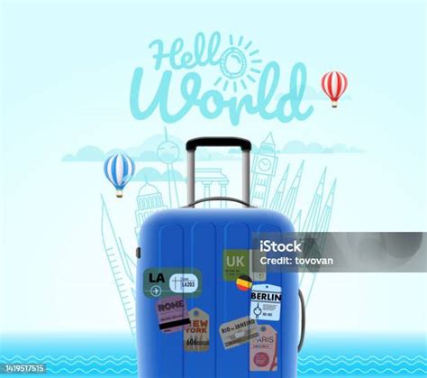 여행 가방과 건물의 실루엣으로 시즌 여행 개념 3d 벡터 일러스트 레이 션 허니문에 대한 스톡 벡터 아트 및 기타 이미지