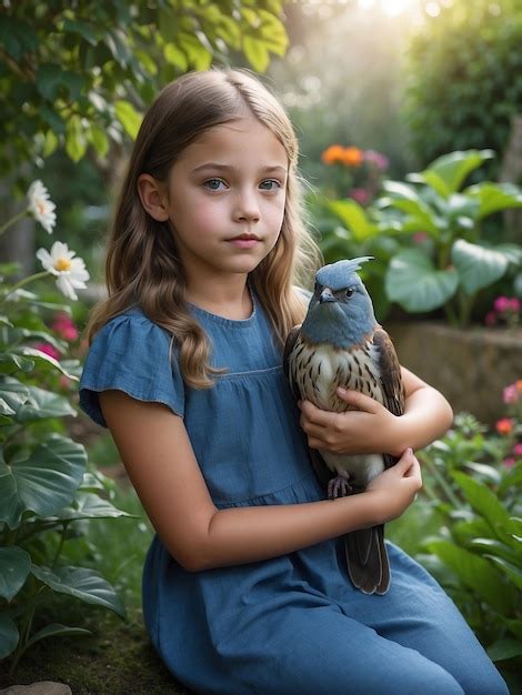 Premium Ai Image A Girl Is Sitting In The Garden With A Bird In Her Hand
