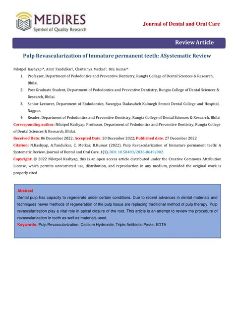 Pdf Pulp Revascularization Of Immature Permanent Teeth A Systematic