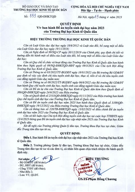 Đề án Tuyển Sinh đại Học Năm 2023 Của Trường Đại Học Kinh Tế Quốc Dân