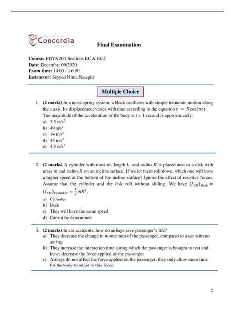 Phys 204 Sections Ec And Ec2 Final Exam 2023 With Well Detailed And Explained Solutions 100