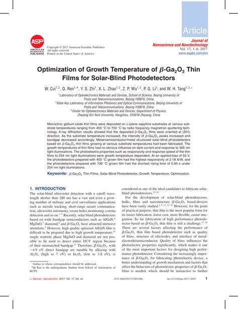 Pdf Optimization Of Growth Temperature Of β Ga₂o₃ Thin Films For Solar Blind Photodetectors