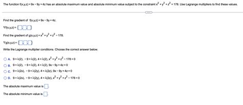 Solved The Function Fxyz9x−9y4z Has An Absolute