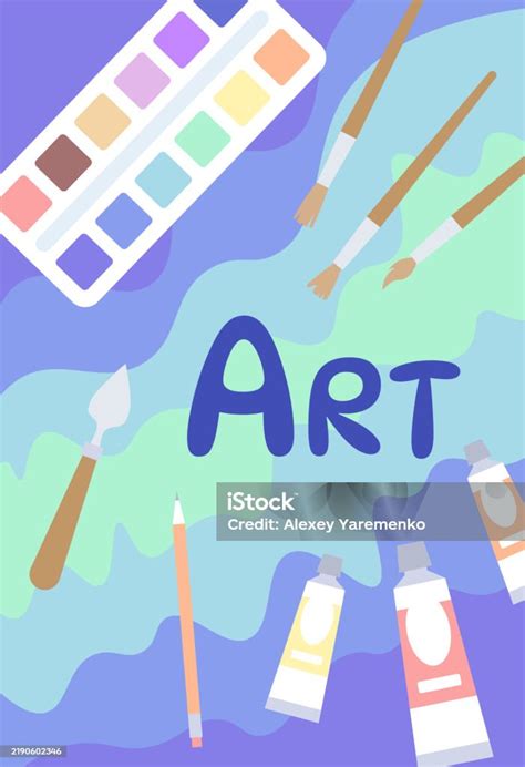 밝은 예술 포스터입니다 붓 근처의 그림으로 팔레트 창의성과 예술 취미와 여가 다채로운 액체와 패턴 템플릿 및 레이아웃 평면 벡터 일러스트 레이 션 0명에 대한 스톡 벡터