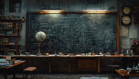 Blackboard Covered With Complex Formulas Dim Classroom Lighting Wide