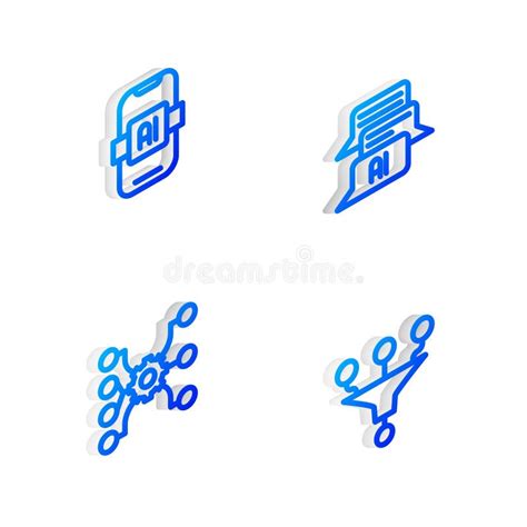 Set Isometric Line Chat Bot Artificial Intelligence Ai Neural Network And Funnel Filter Icon