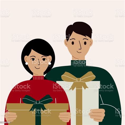 손에 큰 선물 상자를 가진 남자와 여자의 그림 선물 제공 수신 및 구매 개념 12월에 대한 스톡 벡터 아트 및 기타 이미지