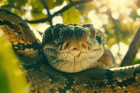 A Close Up Encounter With A Python In Natural Sunlight Coiled On A